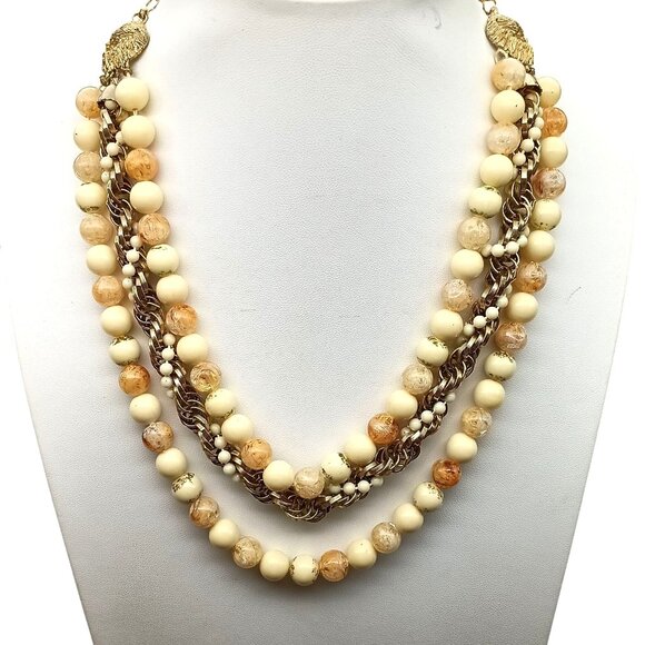 Jewelry | Vintage Multistrand Necklace With Cream Beige Beads And Gold ...